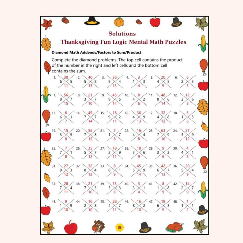 Thanksgiving Mental Math Early Finisher Challenge Critical Thinking ...