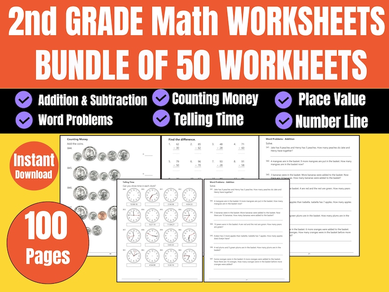 2nd Grade Math Printable Workbook – Addition, Subtraction & Time ...
