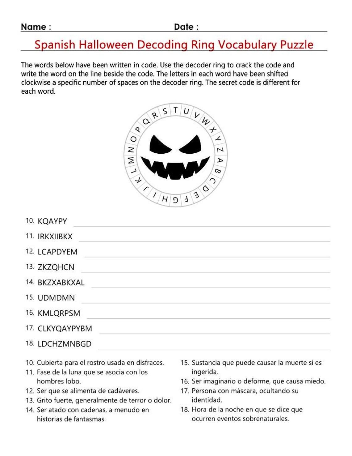 Spanish Halloween 10 Decoding Ring Puzzles Noche De Brujas Espanol ...