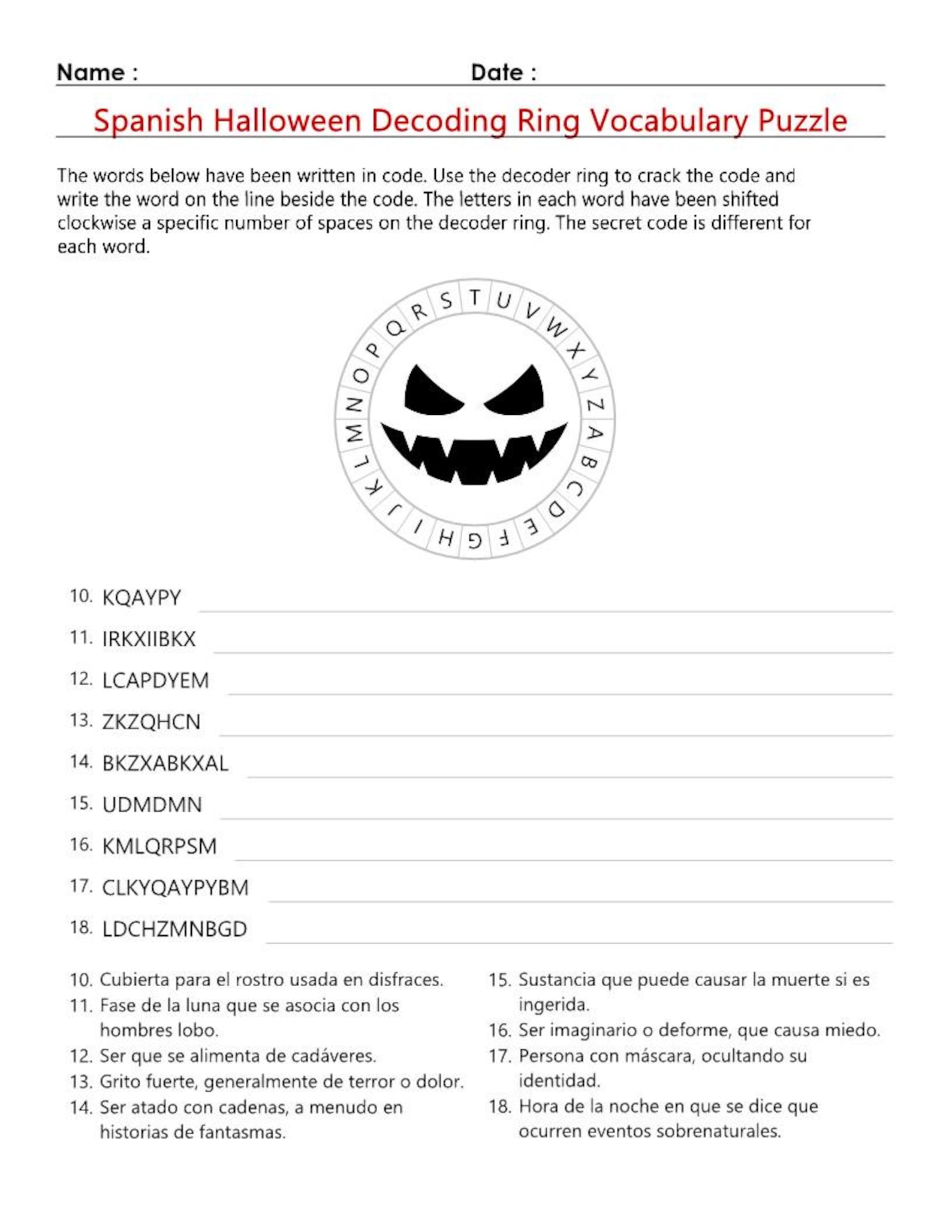 Spanish Halloween 10 Decoding Ring Puzzles Noche De Brujas Espanol ...