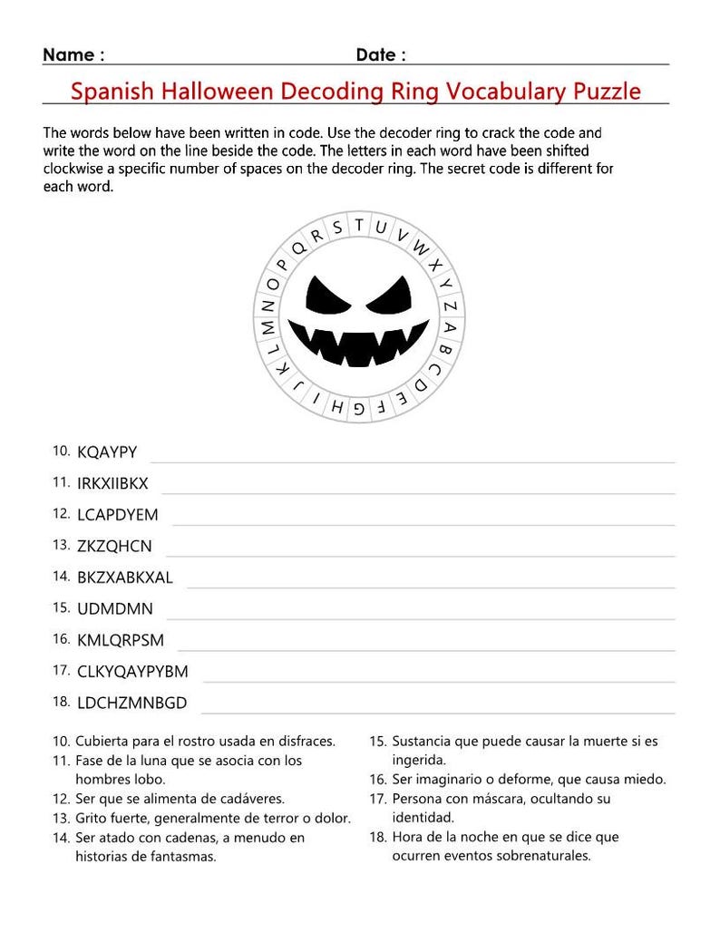 Spanish Halloween 10 Decoding Ring Puzzles Noche De Brujas Espanol ...