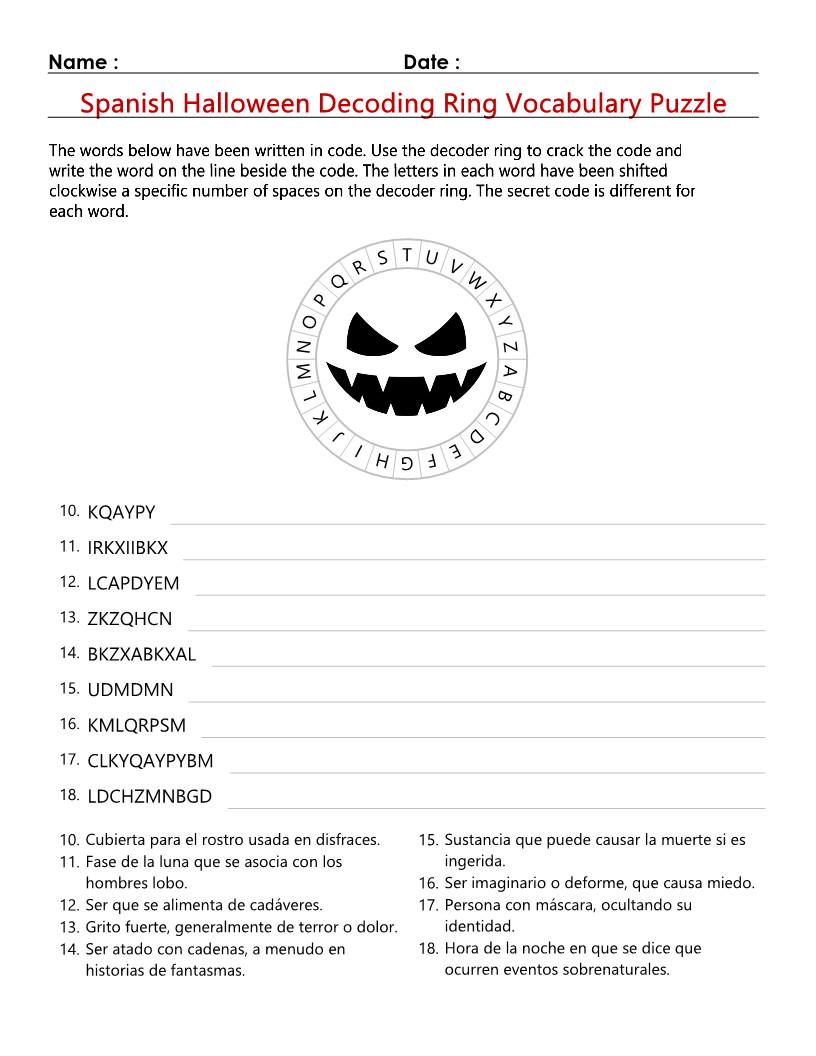 Spanish Halloween 10 Decoding Ring Puzzles Noche De Brujas Espanol ...