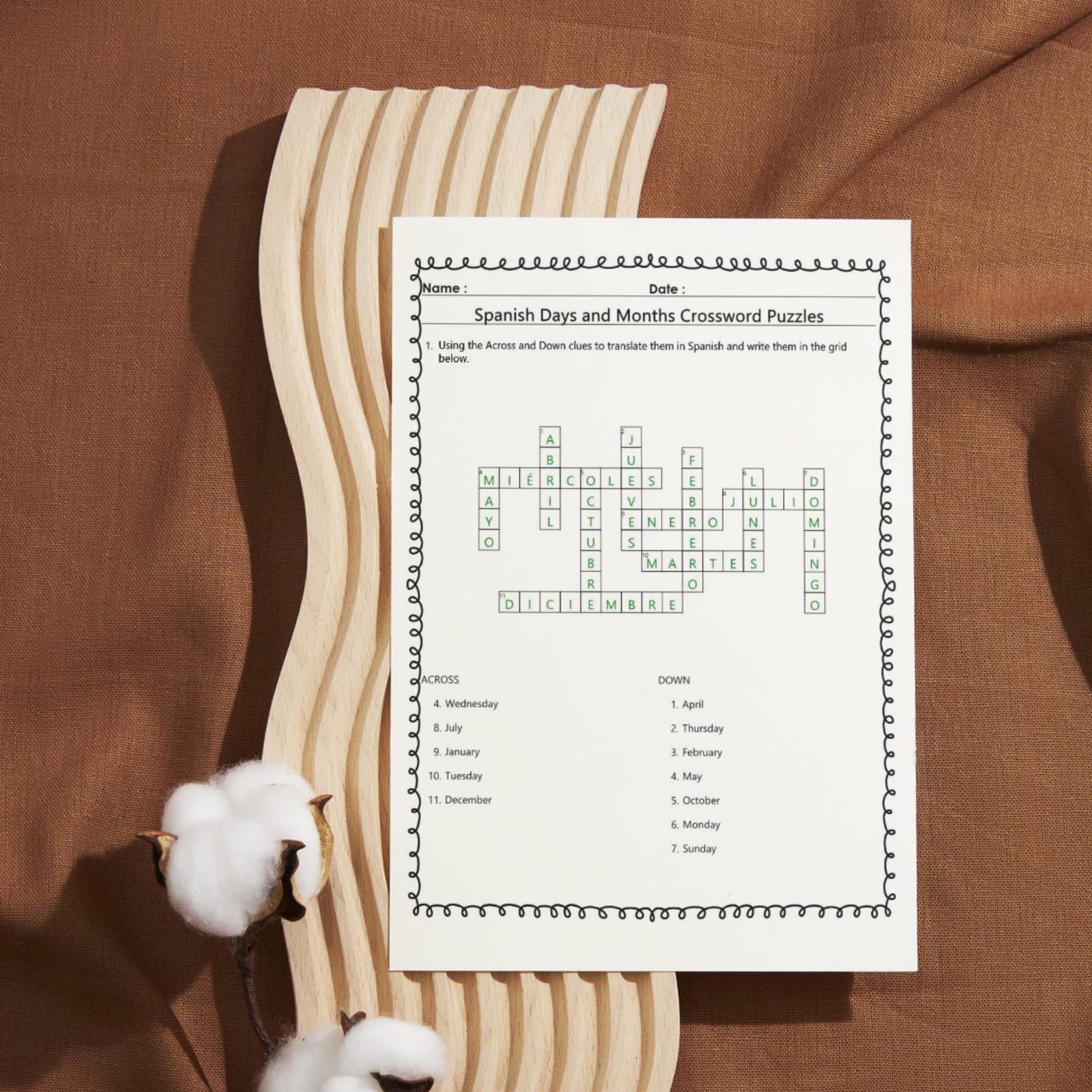 Crucigrama De Los Meses Y Días | Days & Months 6 Spanish Crossword ...