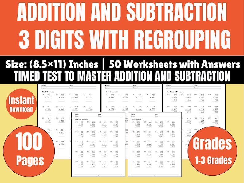 Three 3 Digit Addition and Subtraction With and Without Regrouping ...