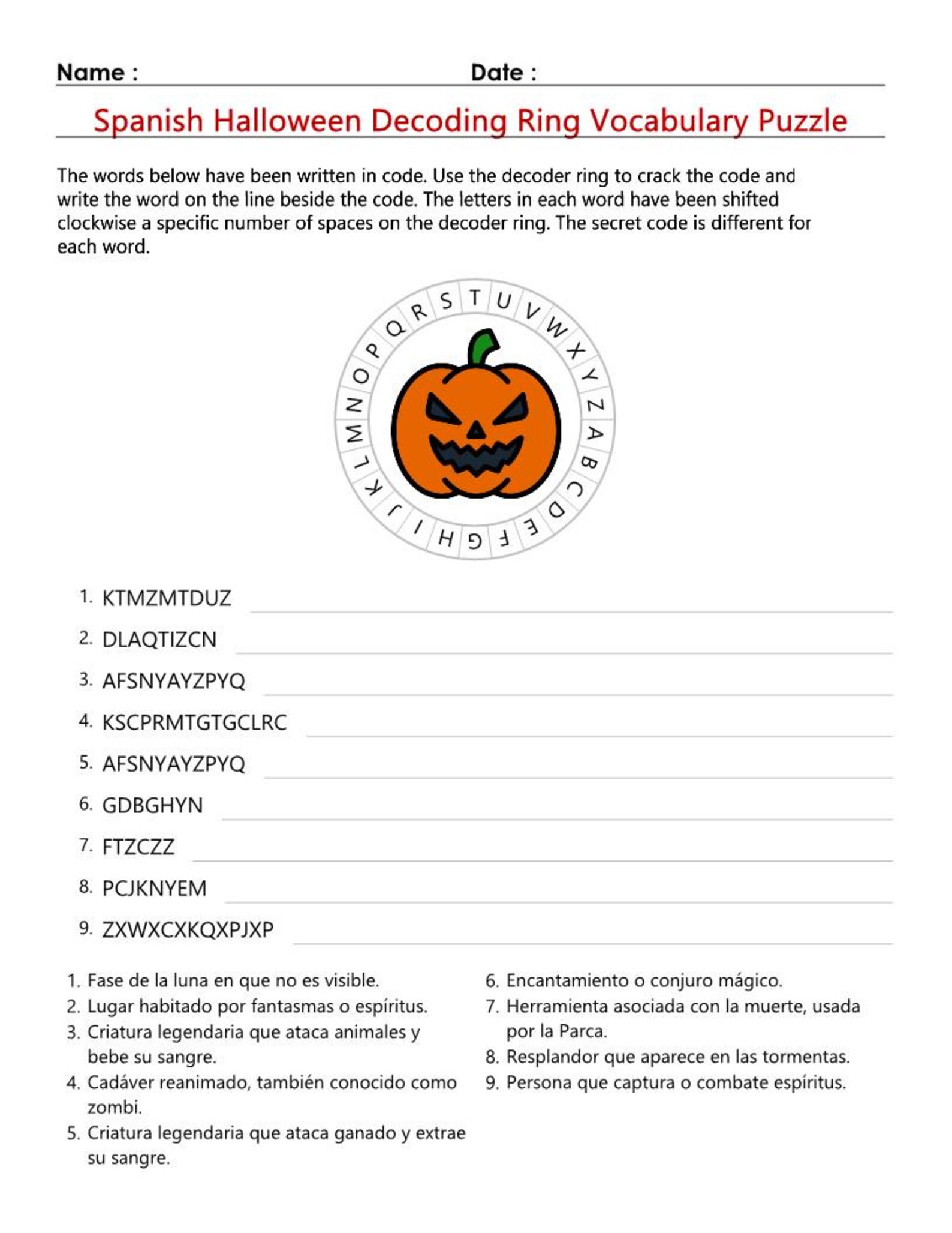 Spanish Halloween 10 Decoding Ring Puzzles Noche De Brujas Espanol ...