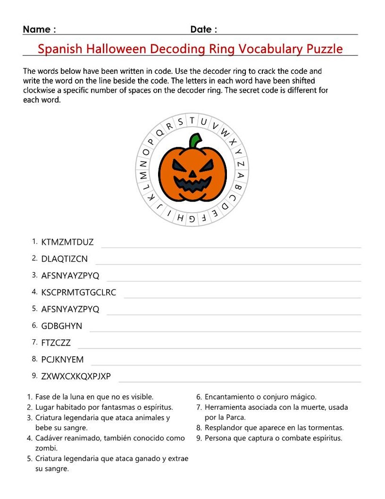 Spanish Halloween 10 Decoding Ring Puzzles Noche De Brujas Espanol ...
