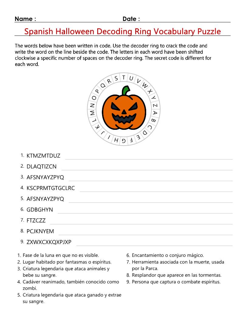 Spanish Halloween 10 Decoding Ring Puzzles Noche De Brujas Espanol ...