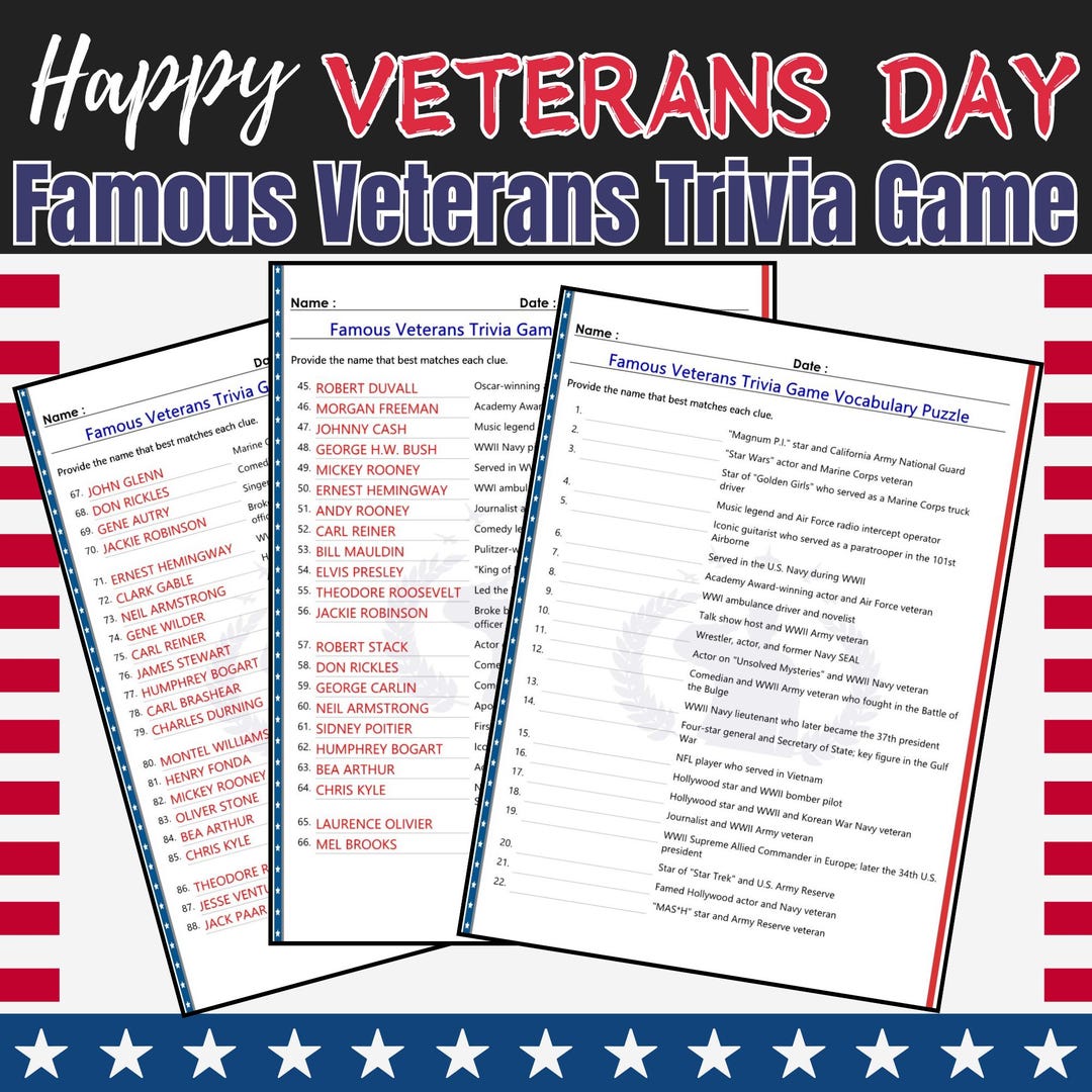 Veterans Day Famous Veterans Trivia Game | Printable Veterans Day Games ...