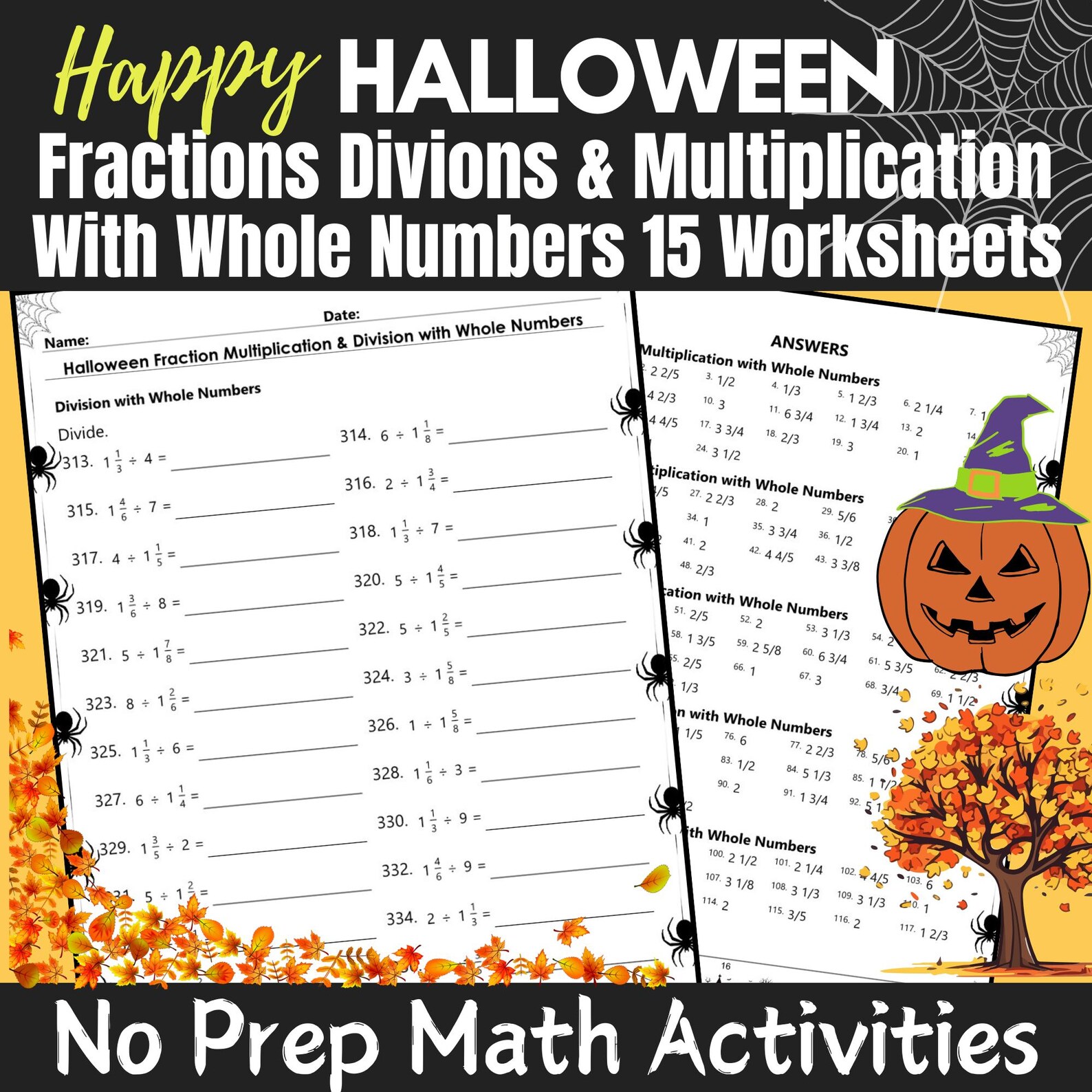Halloween Math Multiplying and Dividing Fractions by Whole Numbers 5th ...