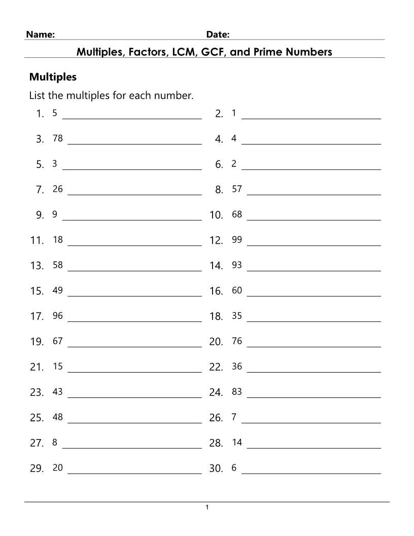 Conquer Factors, LCM, GCF, Multiples, and Primes Printable Worksheets ...