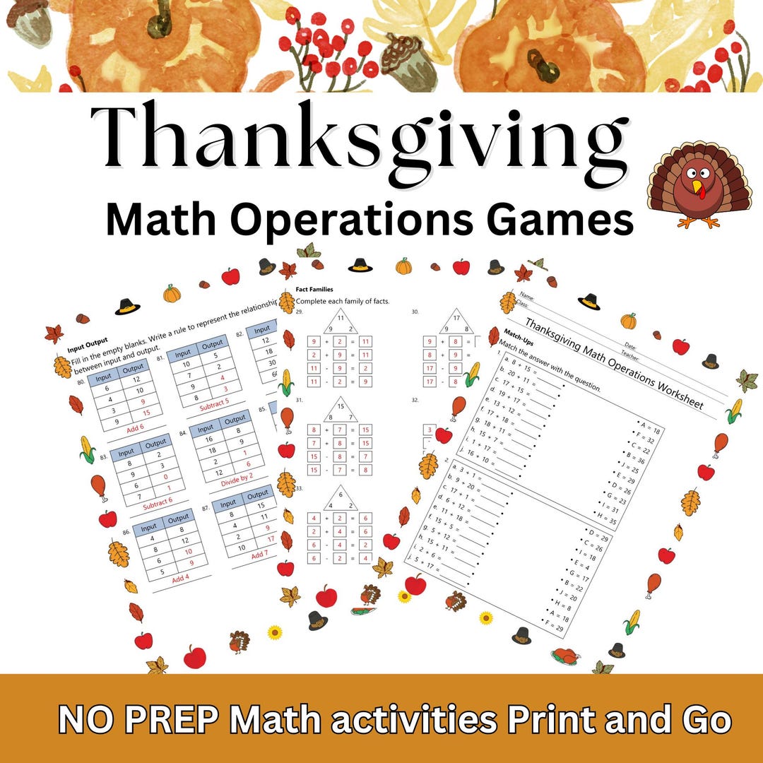 Thanksgiving Math Fact Fluency: Addition Subtraction Multiplication ...