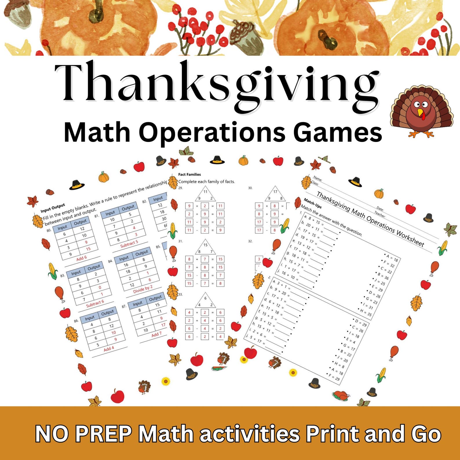 Thanksgiving Math Fact Fluency: Addition Subtraction Multiplication ...