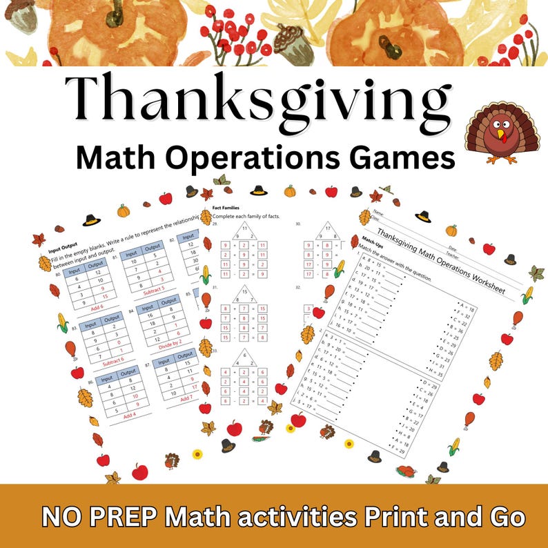Thanksgiving Math Fact Fluency: Addition Subtraction Multiplication ...