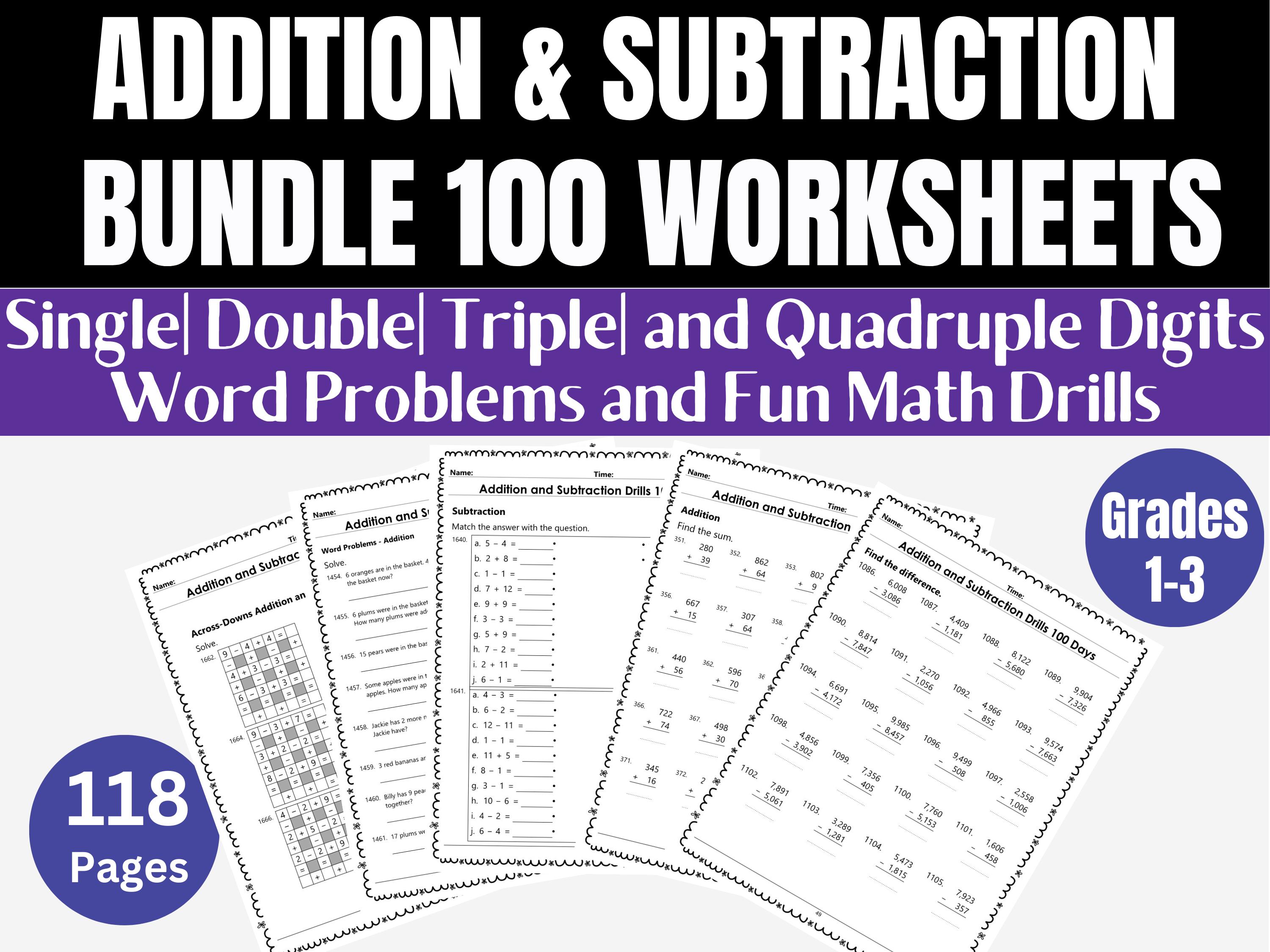 1st and 2nd Grade Math Worksheets Bundle | Addition & Subtraction ...