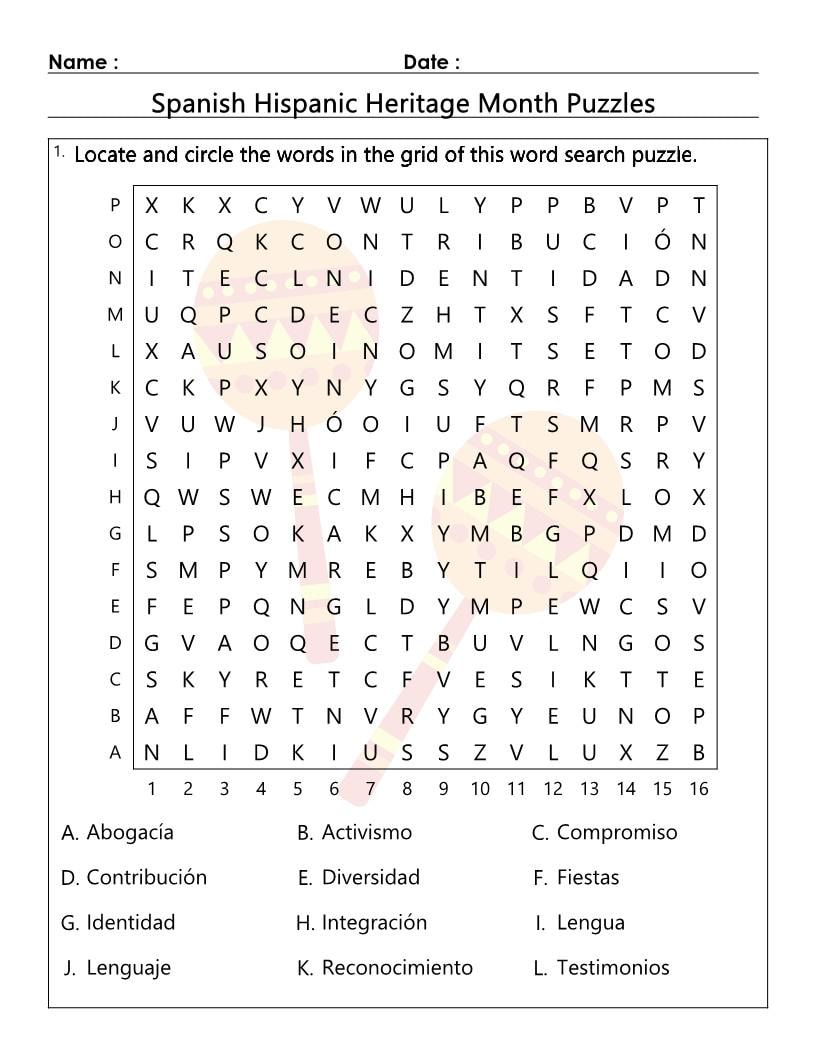 Hispanic Heritage Month Word Search Puzzles: Spanish Vocabulary ...