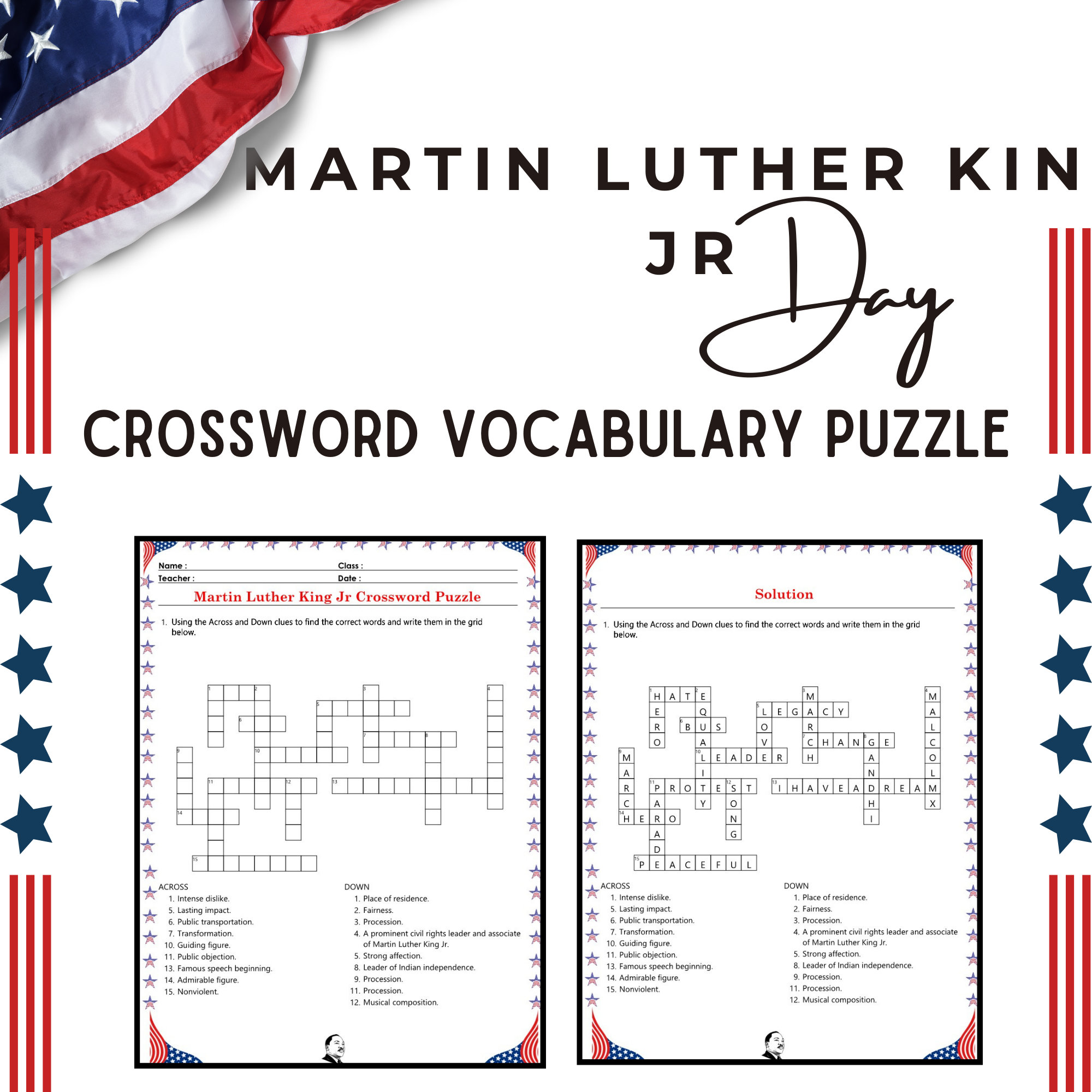 MLK Day Crossword Puzzle: Vocabulary Activity (printable Worksheet) - Etsy