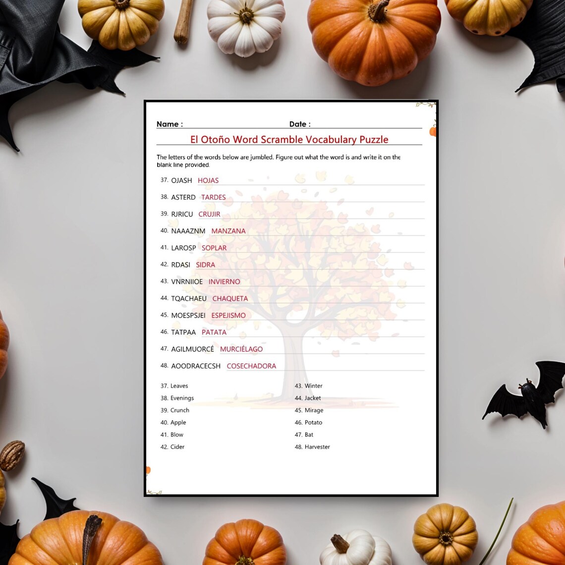 El Otoño: Spanish Autumn Fall Word Scramble Game, Printable Games for ...