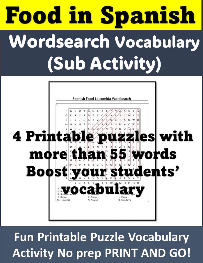 Spanish Food Word Search: 4 Printable Puzzles (classroom Activity) - Etsy