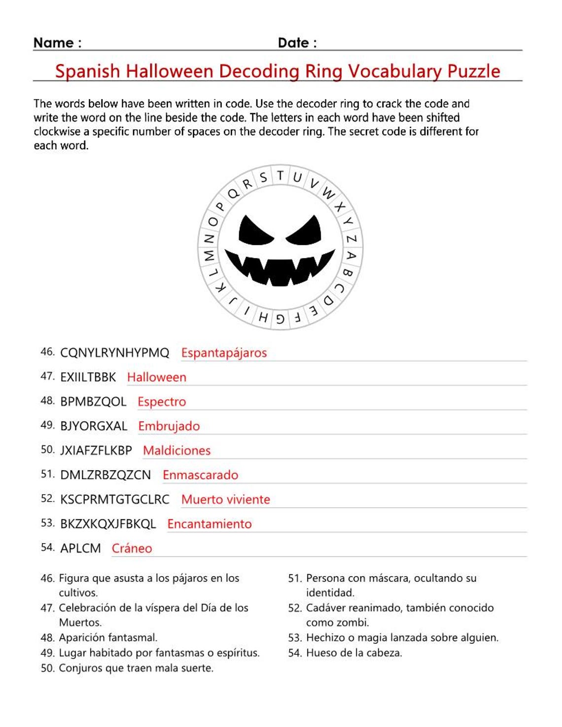 Spanish Halloween 10 Decoding Ring Puzzles Noche De Brujas Espanol ...