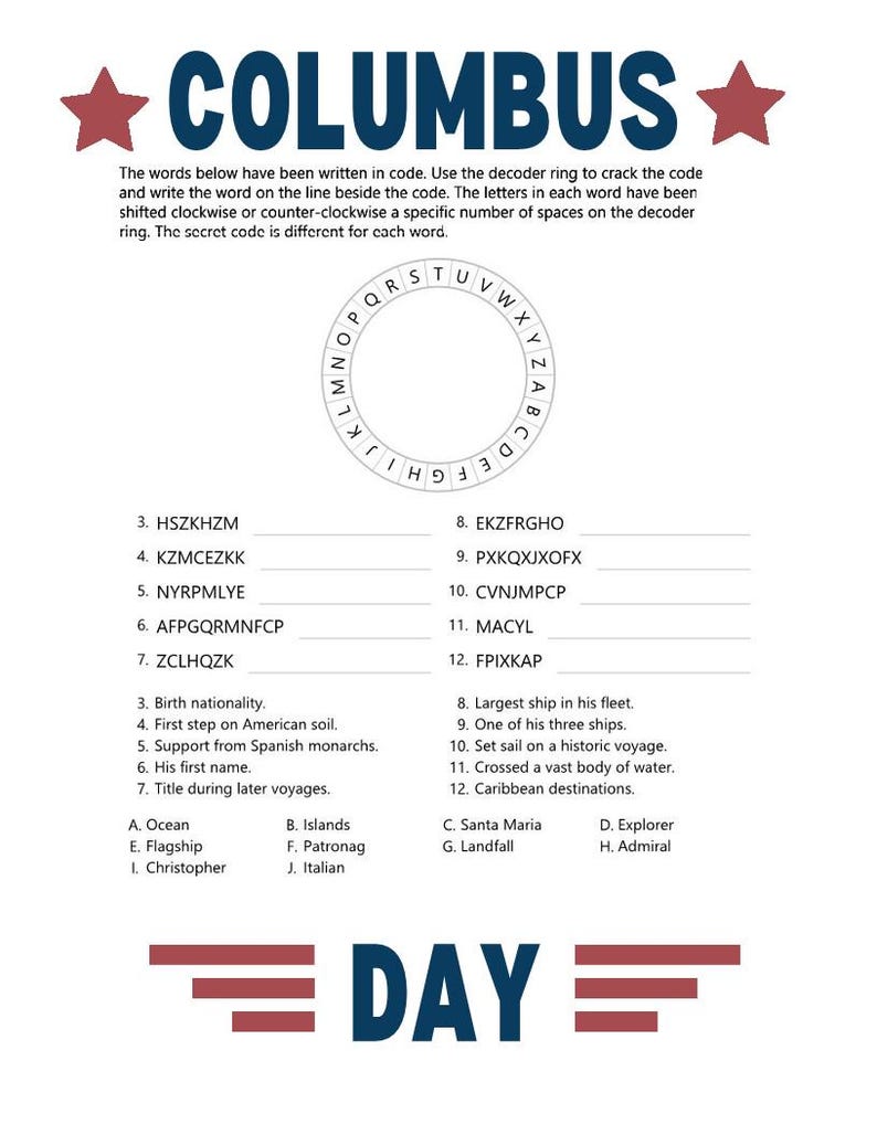 Columbus Day Puzzles: Word Search, Crossword, Decoder Ring (instant ...