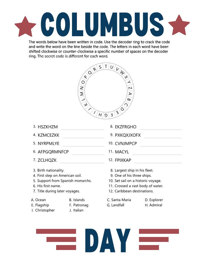 Columbus Day Puzzles: Word Search, Crossword, Decoder Ring (instant ...