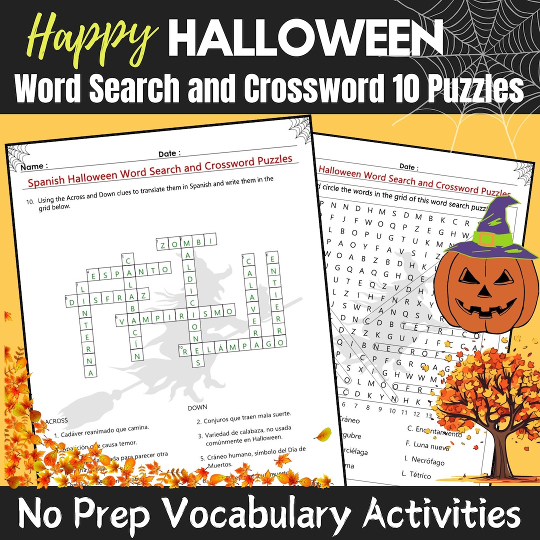 Halloween Printable Spanish Word Search and Crossword 10 Puzzles Noche ...