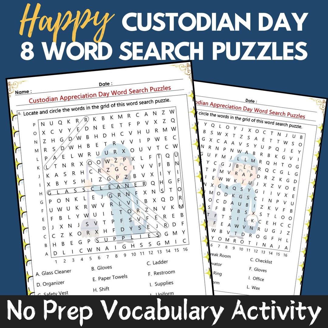 Custodian Appreciation Day Bundle of 8 Word Search Puzzles Large Print ...