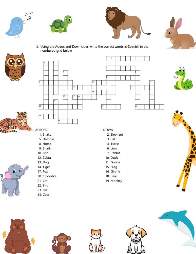 Spanish Animal Names Nombres De Animales Sopa De Letras Y Crucigrama ...