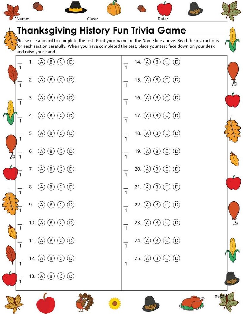 Thanksgiving History Trivia Game: Fun Thanksgiving Quiz (printable ...