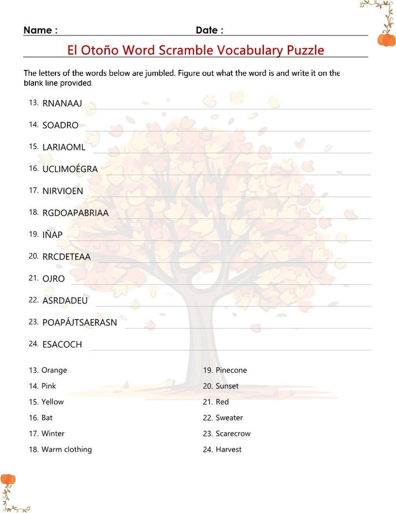 El Otoño: Spanish Autumn Fall Word Scramble Game, Printable Games for ...