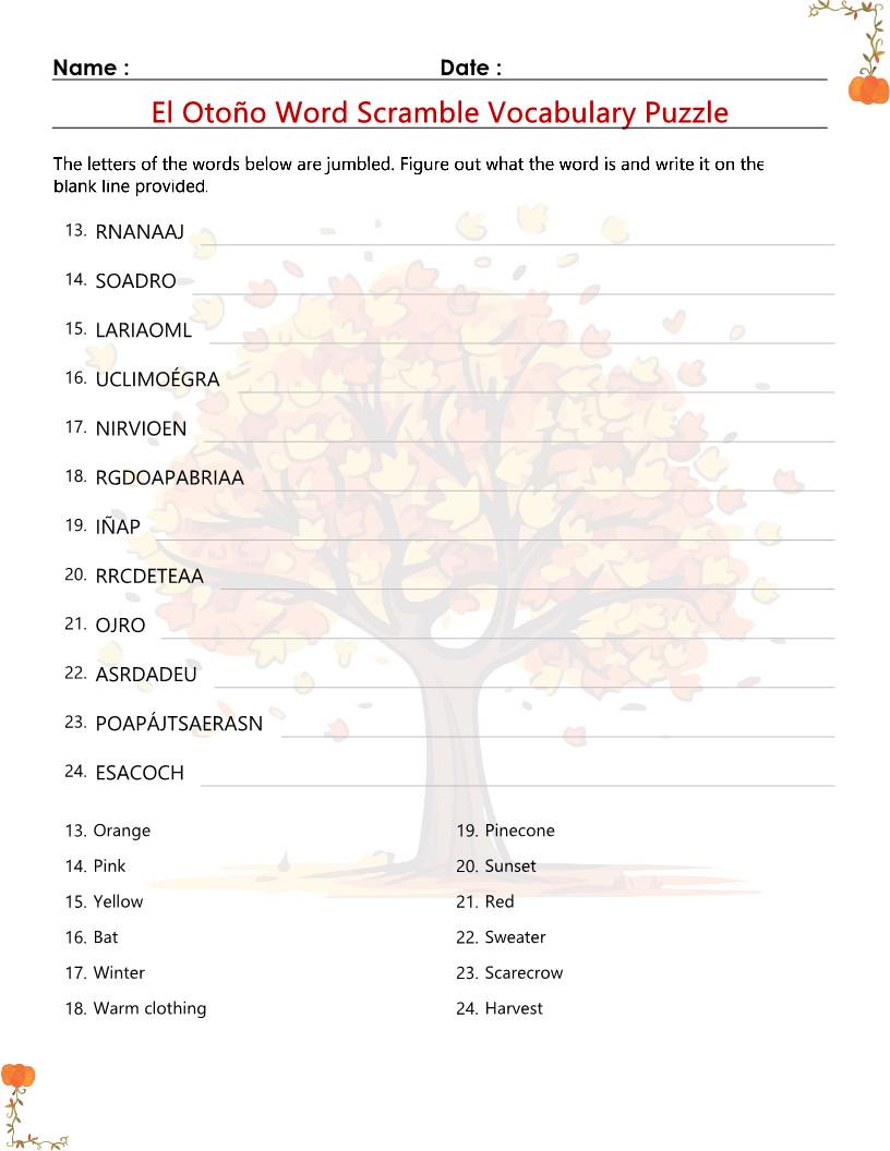 El Otoño: Spanish Autumn Fall Word Scramble Game, Printable Games for ...