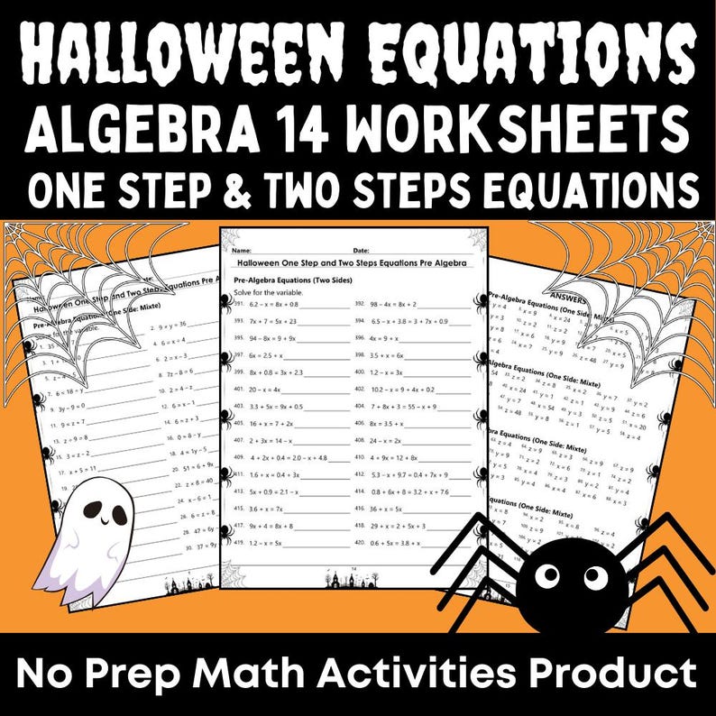 Halloween Math Worksheets: One & Two Step Equations, Middle School (no ...