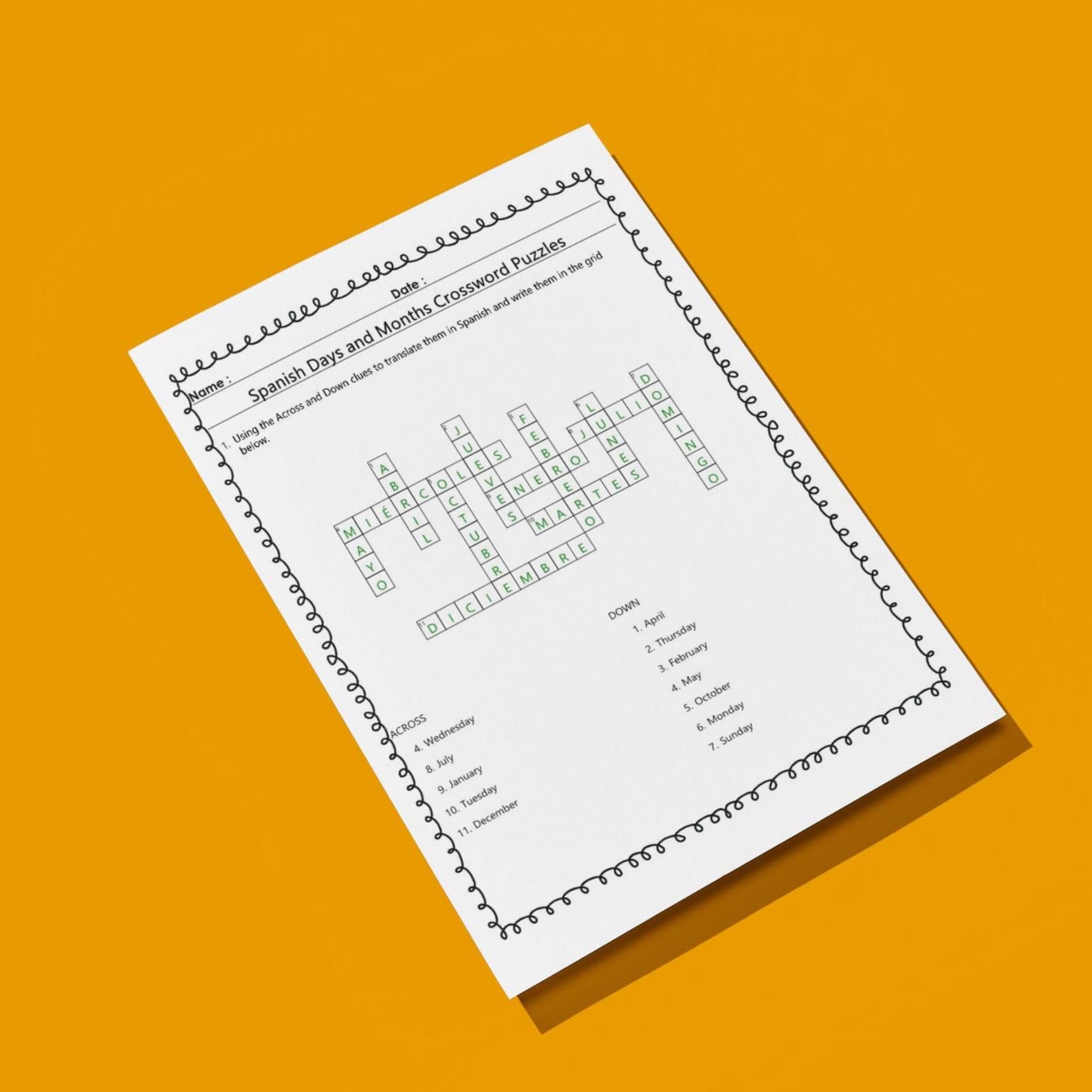 Crucigrama De Los Meses Y Días | Days & Months 6 Spanish Crossword ...