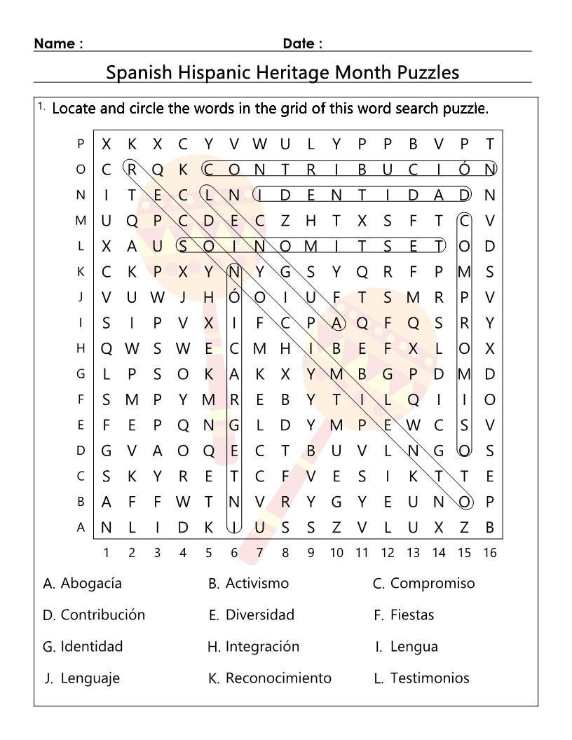 Hispanic Heritage Month Word Search Puzzles: Spanish Vocabulary ...