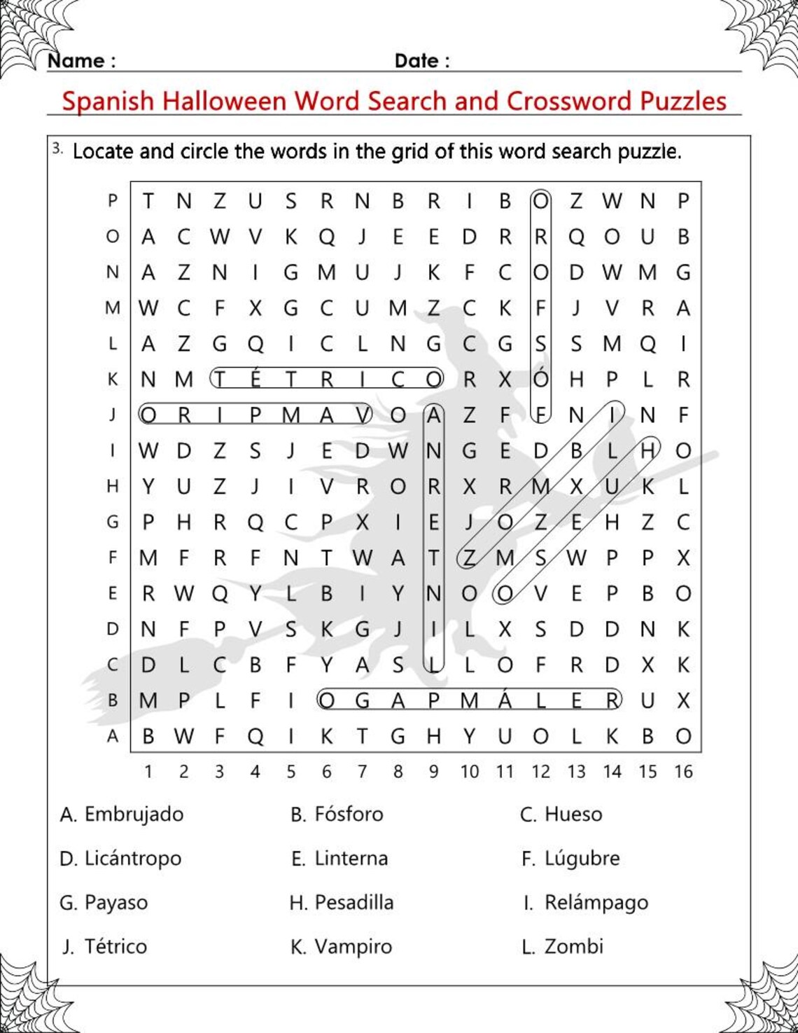 Halloween Printable Spanish Word Search and Crossword 10 Puzzles Noche ...