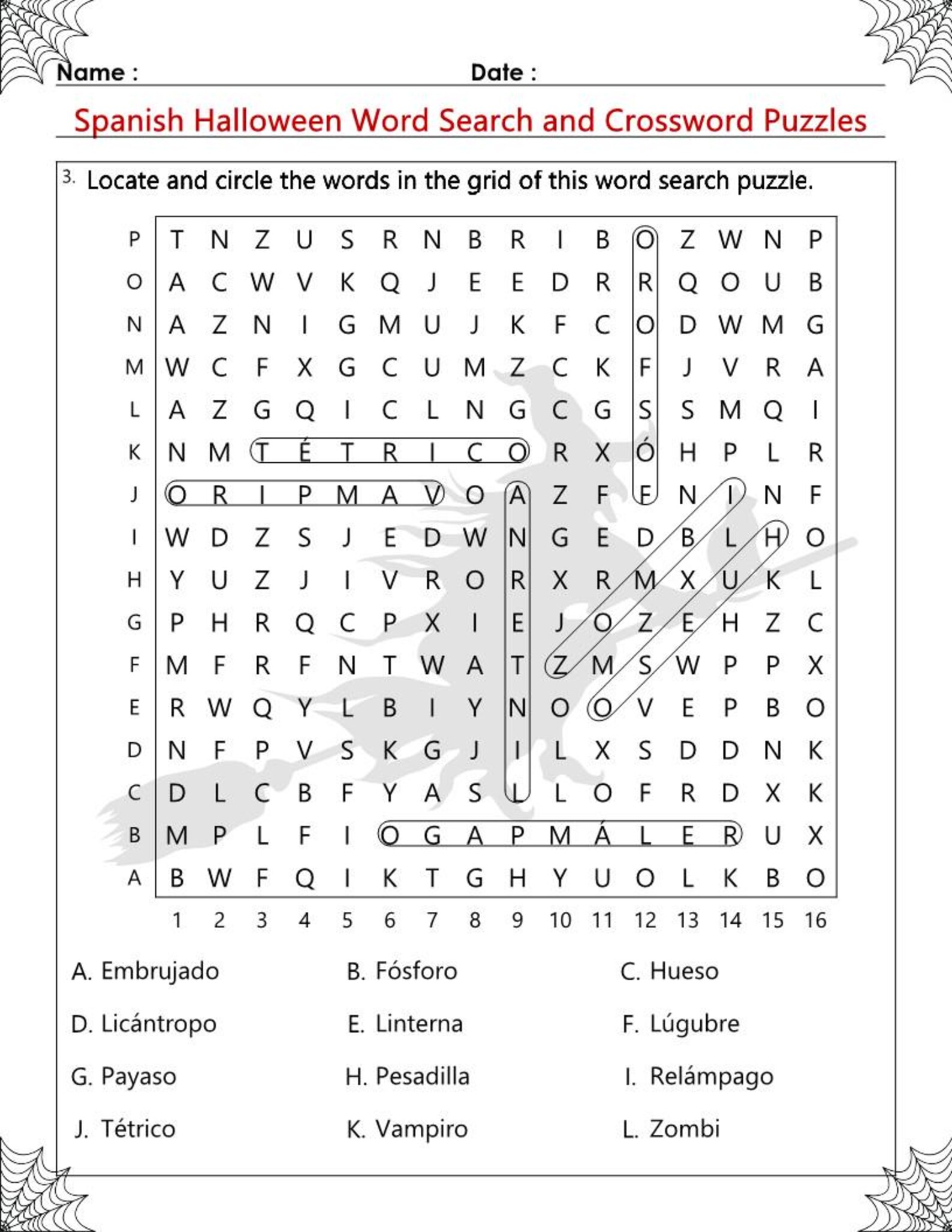 Halloween Printable Spanish Word Search and Crossword 10 Puzzles Noche ...