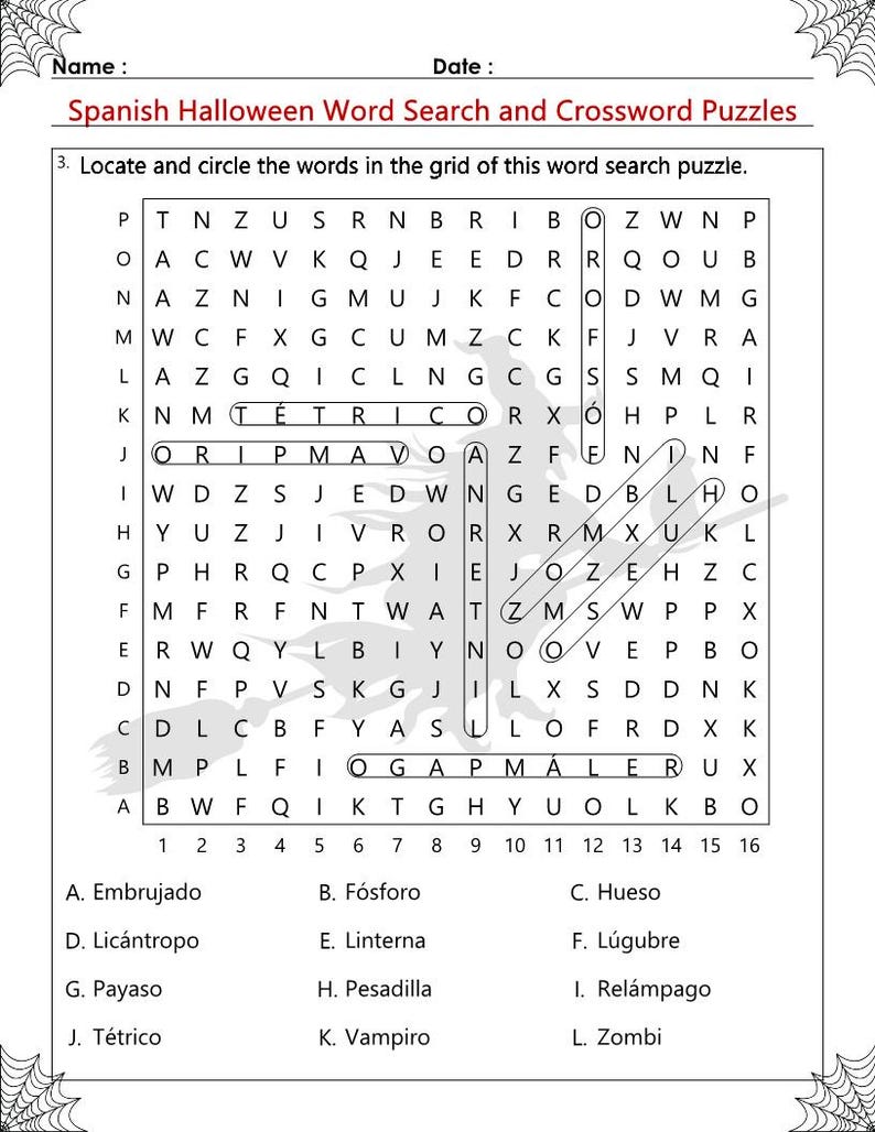Halloween Printable Spanish Word Search and Crossword 10 Puzzles Noche ...