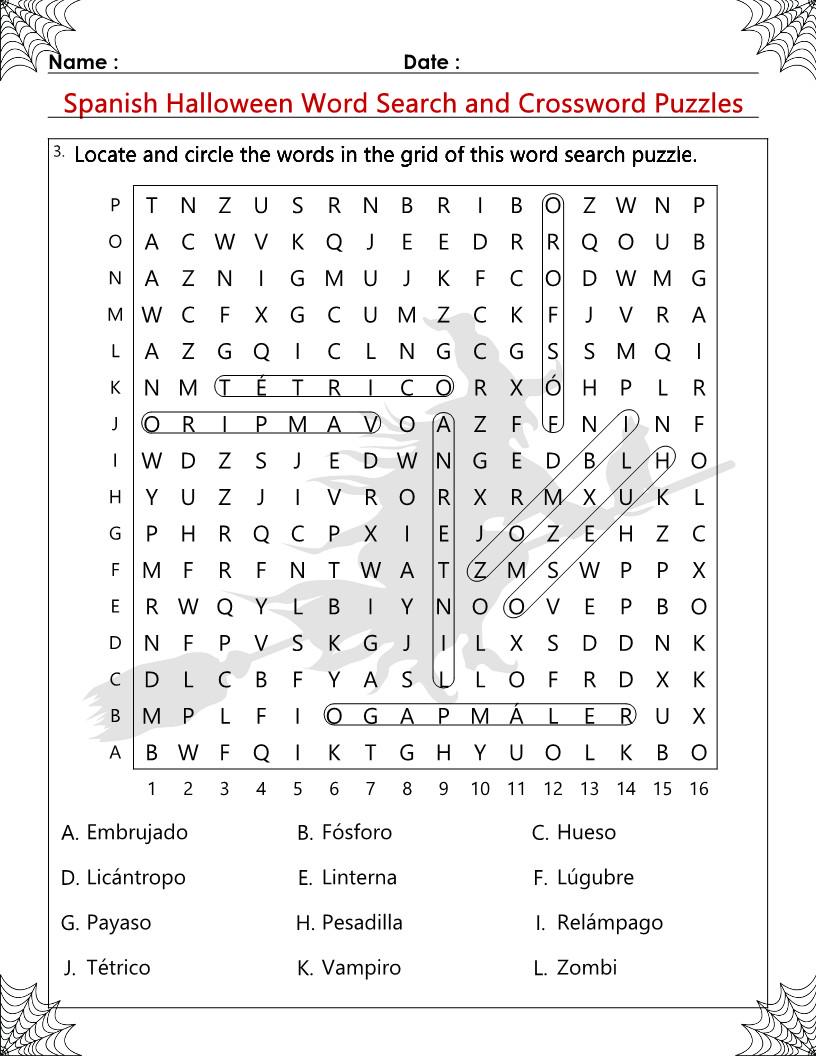 Halloween Printable Spanish Word Search and Crossword 10 Puzzles Noche ...