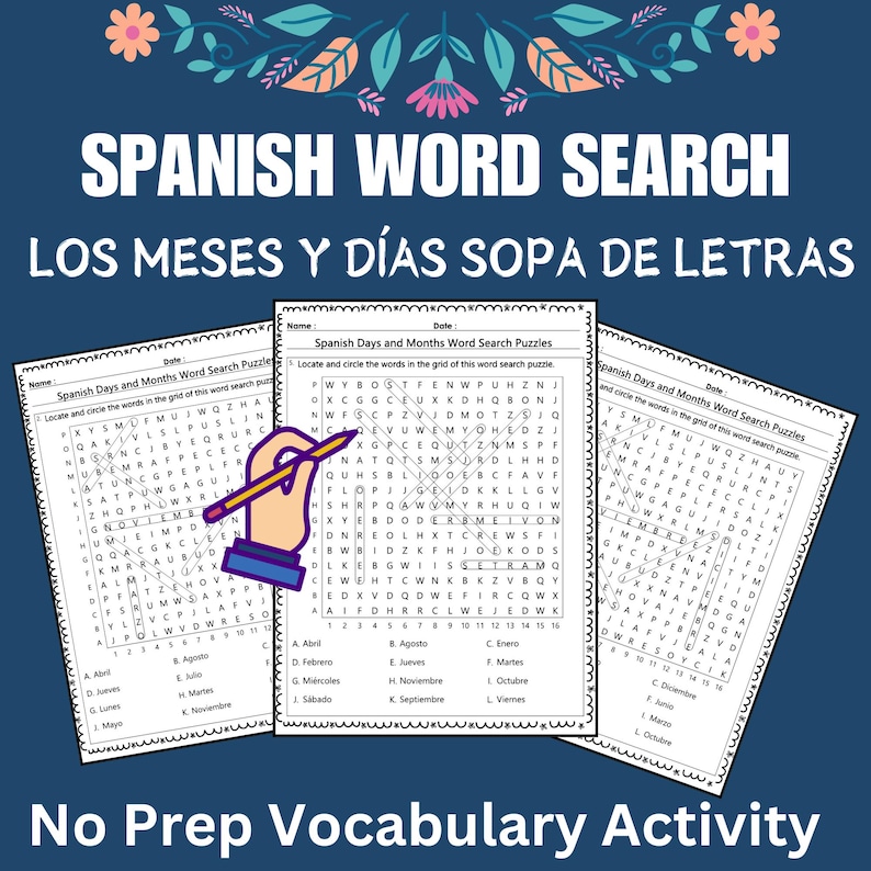 Sopa De Letras De Los Meses Y Días Days & Months 5 Word Search Puzzles ...