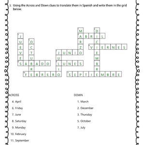 Crucigrama De Los Meses Y Días | Days & Months 6 Spanish Crossword ...