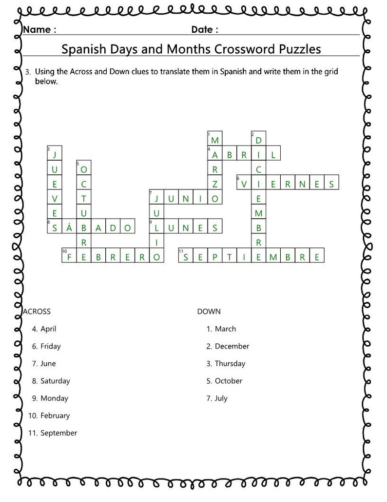 Crucigrama De Los Meses Y Días | Days & Months 6 Spanish Crossword ...