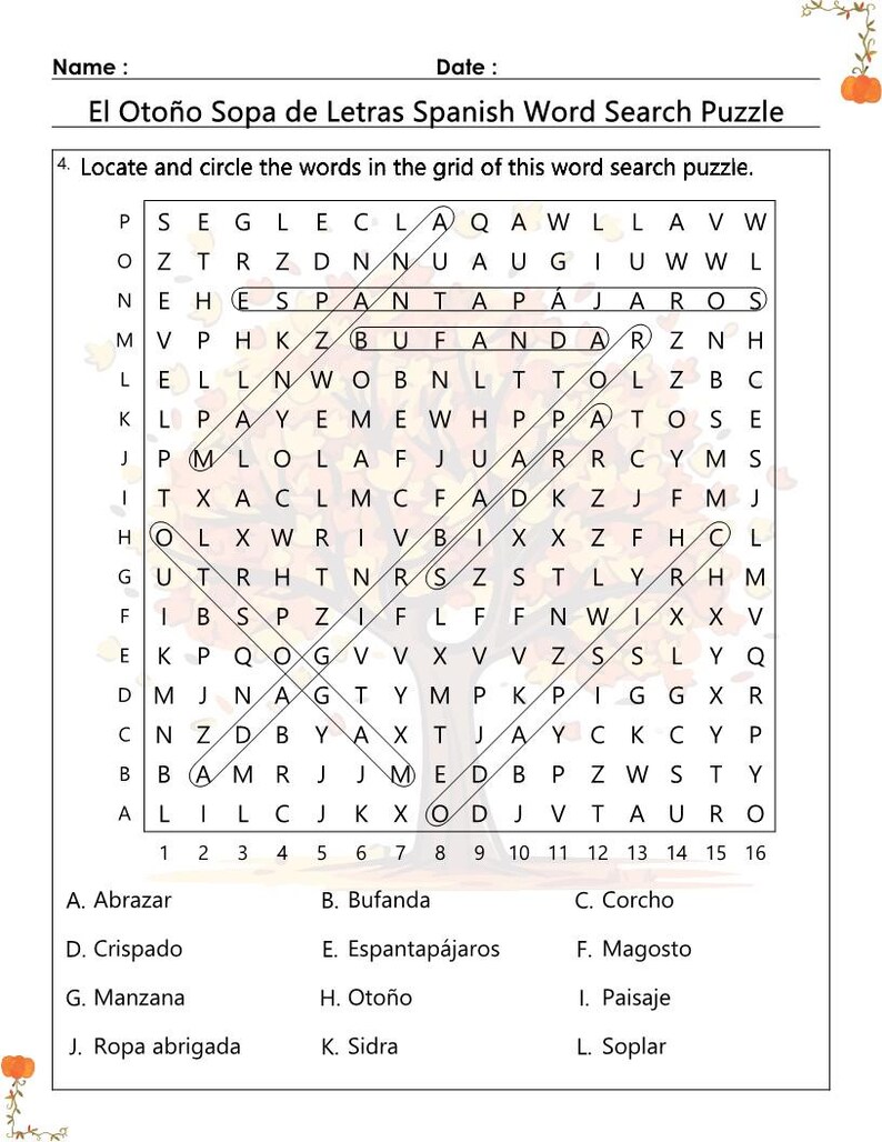 Wordsearch Game in Spanish Espanol Sopa De Letras Actividad 7 Puzzles ...