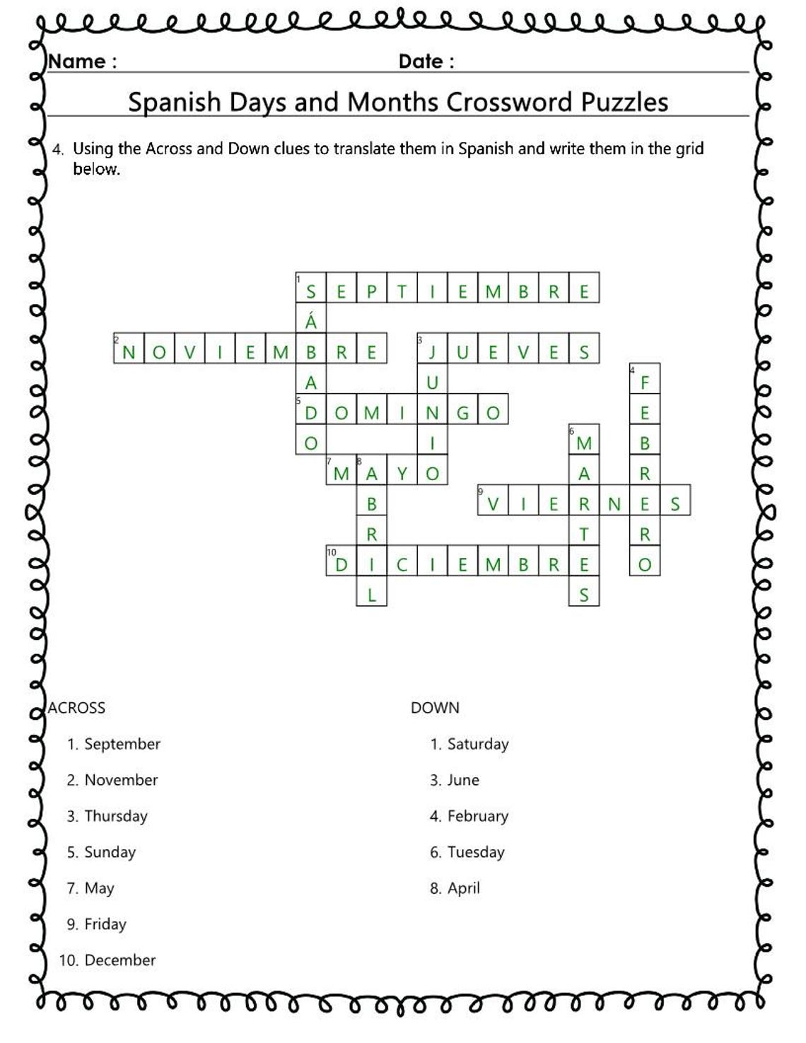 Crucigrama De Los Meses Y Días | Days & Months 6 Spanish Crossword ...