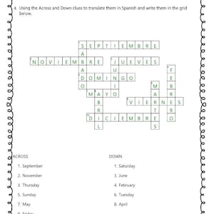 Crucigrama De Los Meses Y Días | Days & Months 6 Spanish Crossword ...
