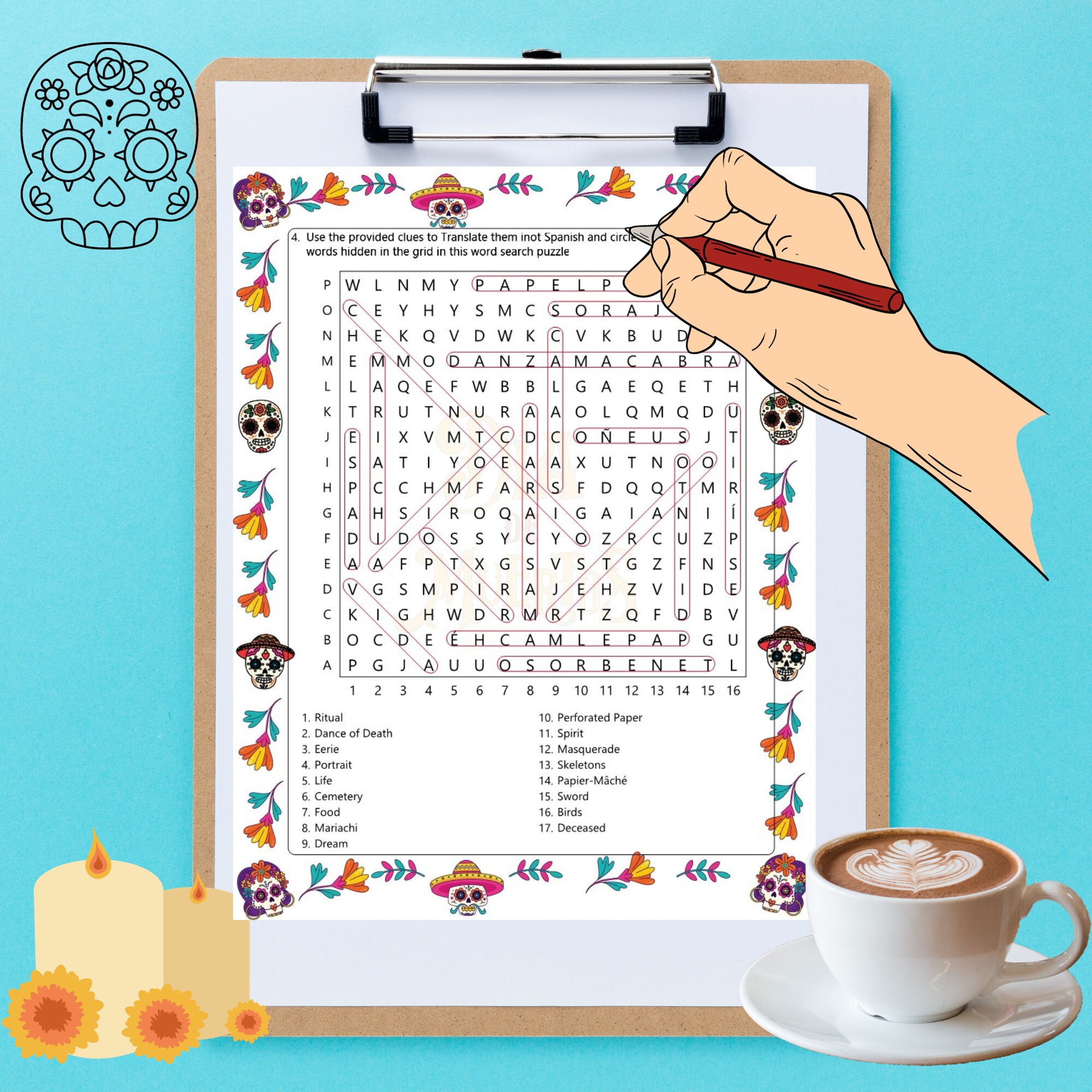 Día De Los Muertos Word Search Printable Day of the Dead Party Games ...