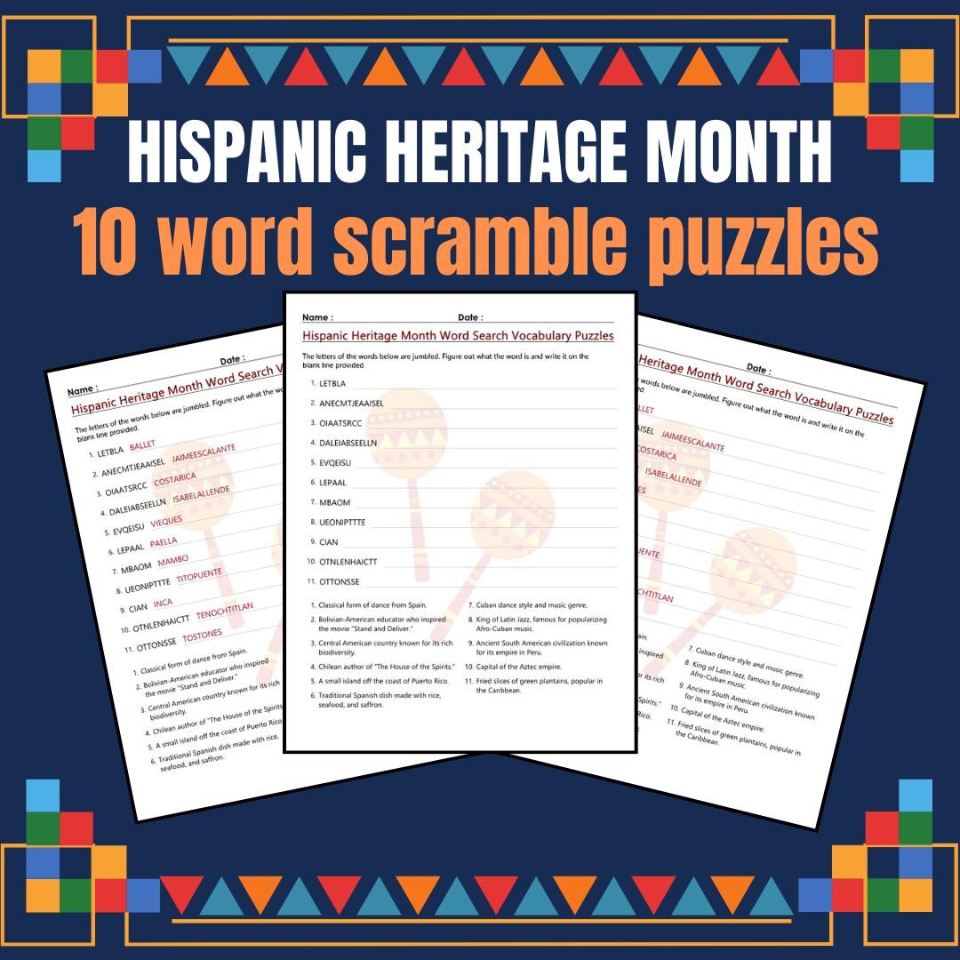 National Hispanic Heritage Month Word Scramble Vocabulary and Spelling ...