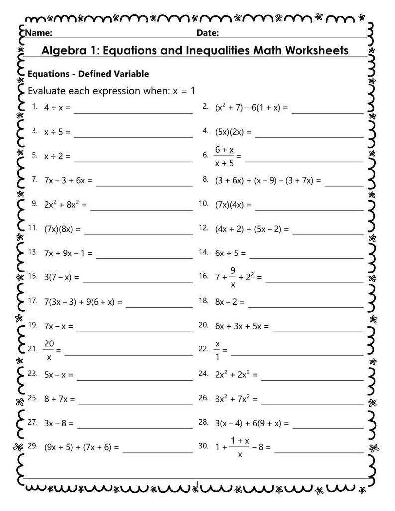 Algebra 1 Equations Bundle 42 Worksheets Practice One Step and Two ...