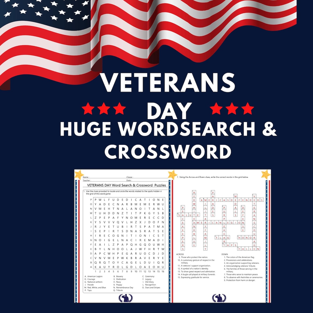 Veterans Day Word Search & Crossword Puzzles: 10 Games (PDF) - Etsy