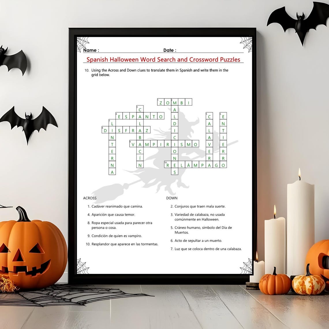 Halloween Printable Spanish Word Search and Crossword 10 Puzzles Noche ...
