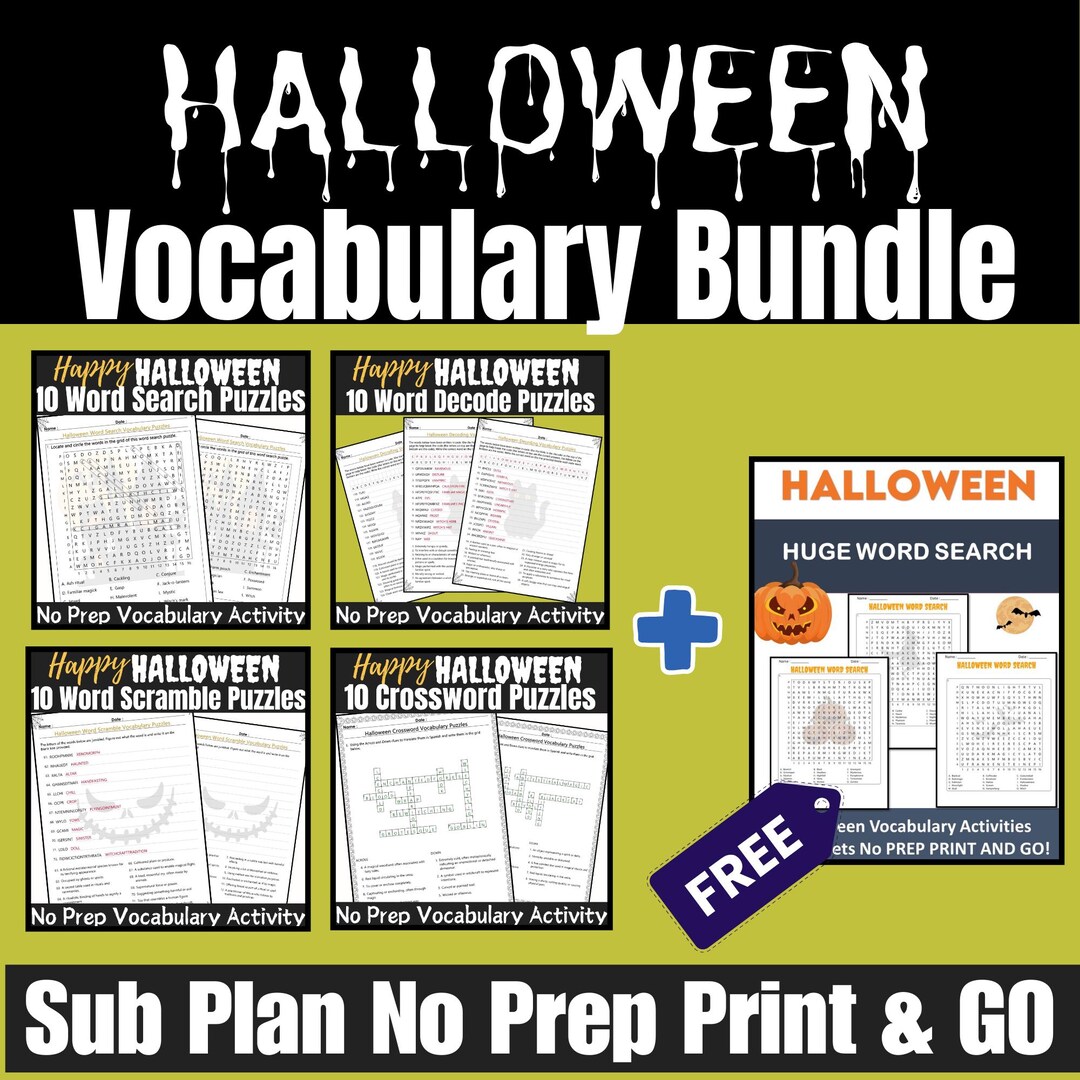 Halloween Vocabulary Puzzles Bundle – Printable Word Search, Crossword ...